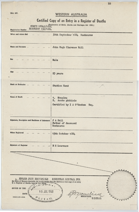 John Hugh Clarence Hall death certificate - ArchivesWiki