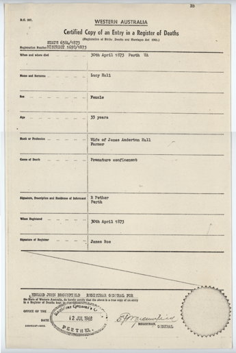 Death certificate of Lucy Hall, 1873 - ArchivesWiki