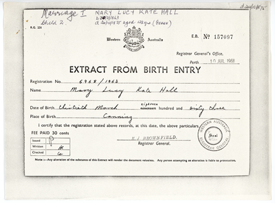 Birth extract, Mary Lucy Kate Hall - ArchivesWiki