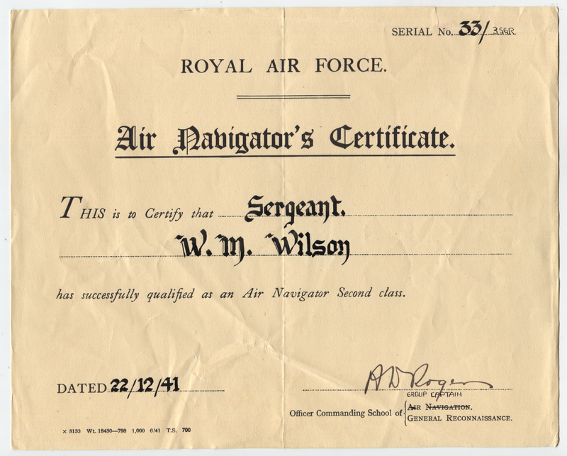 1941 Murray Wilson air navigator's certificate - ArchivesWiki