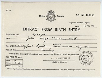 Birth extract of John Hugh Clarence Hall - ArchivesWiki