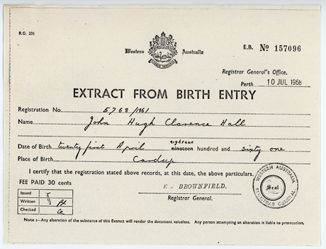 Birth extract of John Hugh Clarence Hall - ArchivesWiki