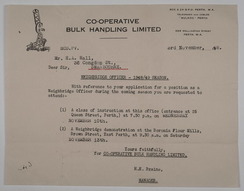 CBH letter to AH Hall re weighbridge officer job - ArchivesWiki