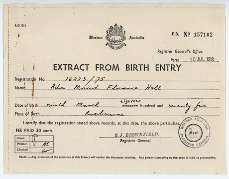 Extract from birth entry for Ada Maud Florence Hall - ArchivesWiki