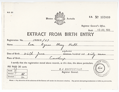 Eva Agnes May Hall birth extract - ArchivesWiki