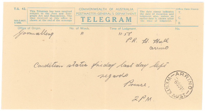 Telegram to Aubrey Hall from Prince in Goomalling - ArchivesWiki